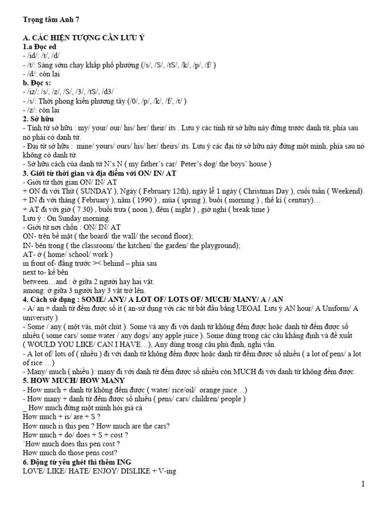 On Thi Hk1-Trong Tam Anh 7 | PDF