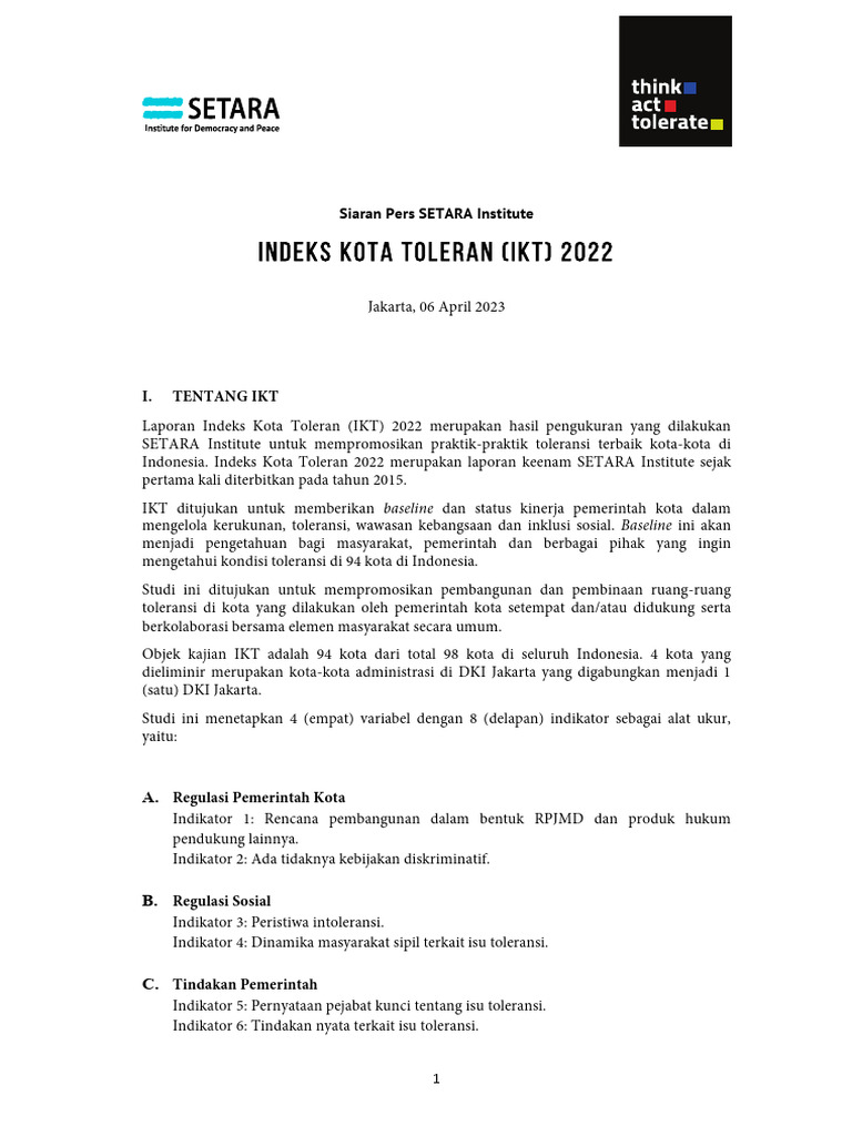 Siaran Pers Setara Institute Ikt 2022 | PDF