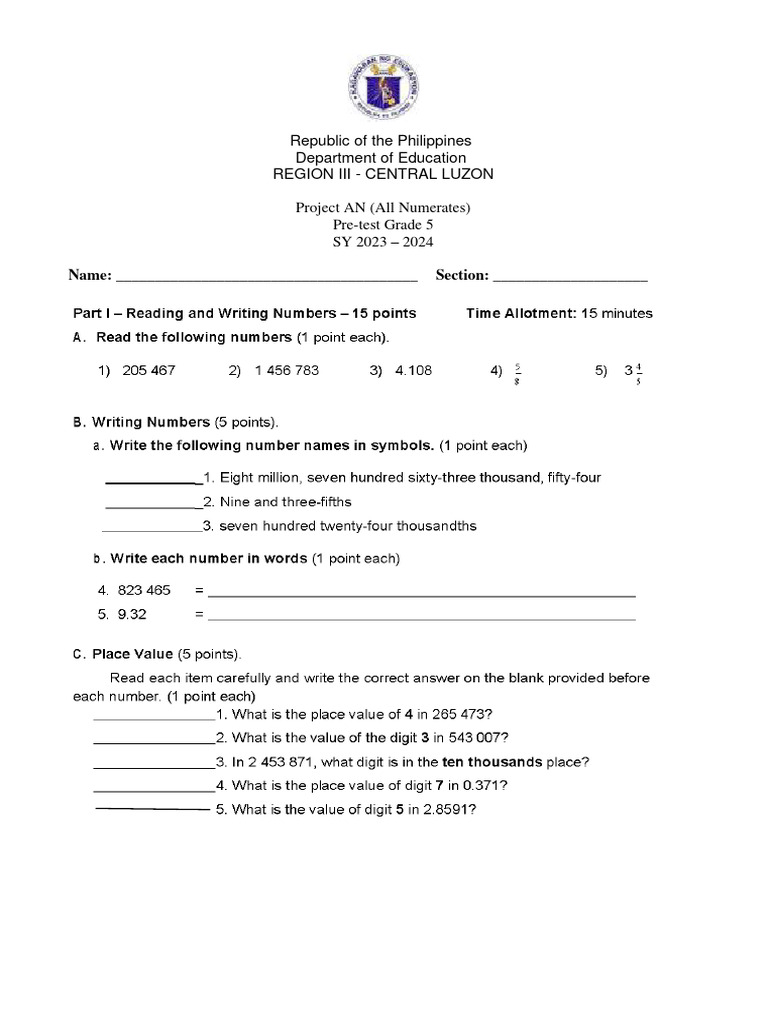 Grade 5 Project An Assessment Tool (Pre-Test) | PDF