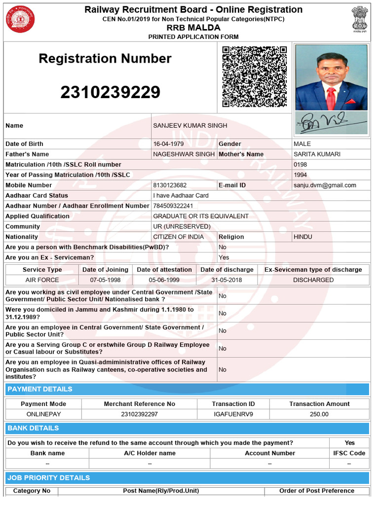 Railway NTPC Application 2310239229 | PDF