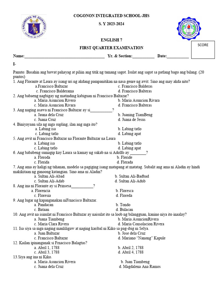 Q1 English 7 Exam | PDF