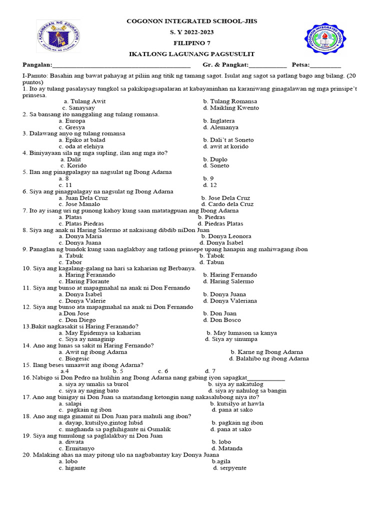 Q1 Filipino 10 Exam | PDF