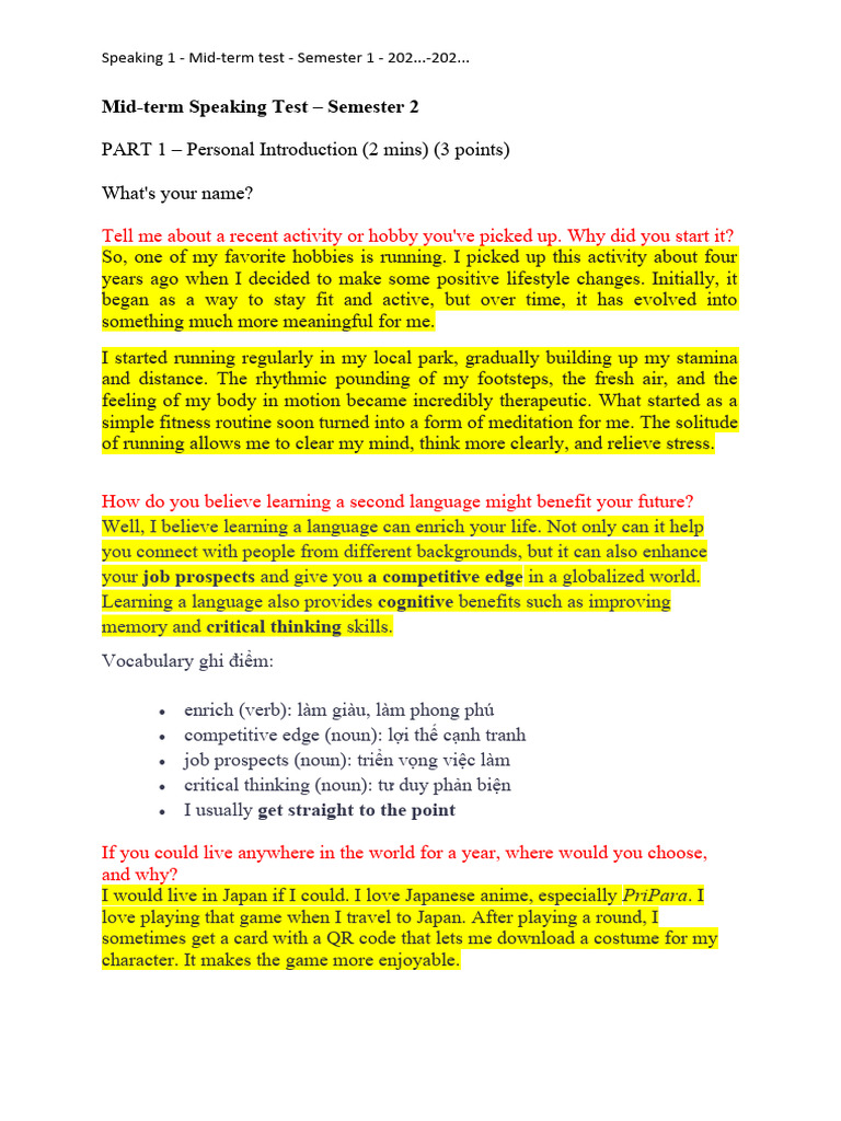Mid Term Speaking Test Overview Pdf Speech Human Communication