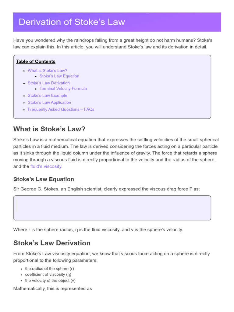 01 - Stokes Law Derivation - Stokes Formula and Terminal Velocity | PDF