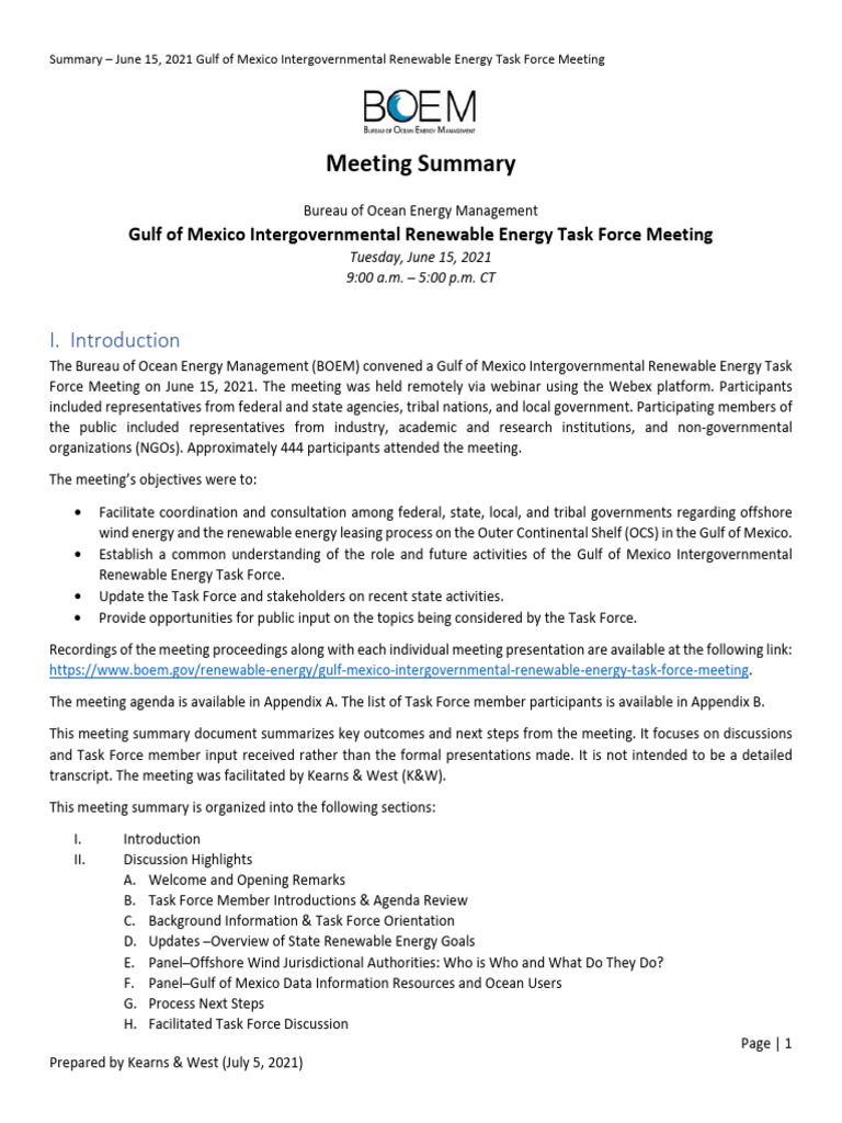 BOEM GOM Intergovernmental Renewable Energy TF Meeting Summary | PDF