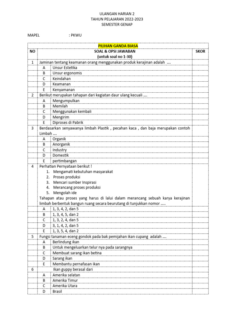 Soal PKWU Semester Genap 2022-2023 | PDF