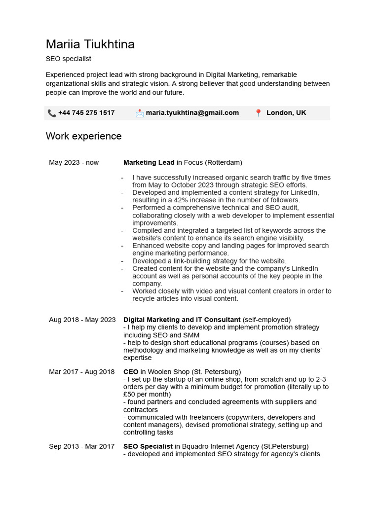 CV - Mariia Tiukhtina - SEO | PDF | Search Engine Optimization | Digital Marketing