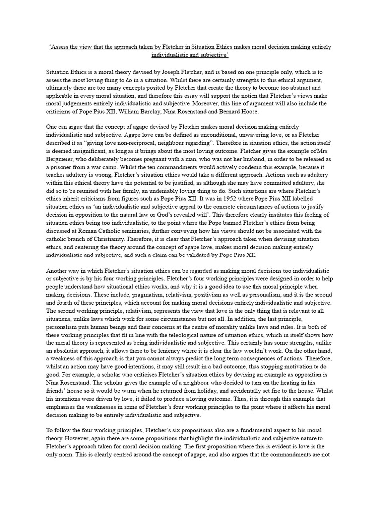 Assess The View That The Approach Taken by Fletcher in Situation Ethics ...