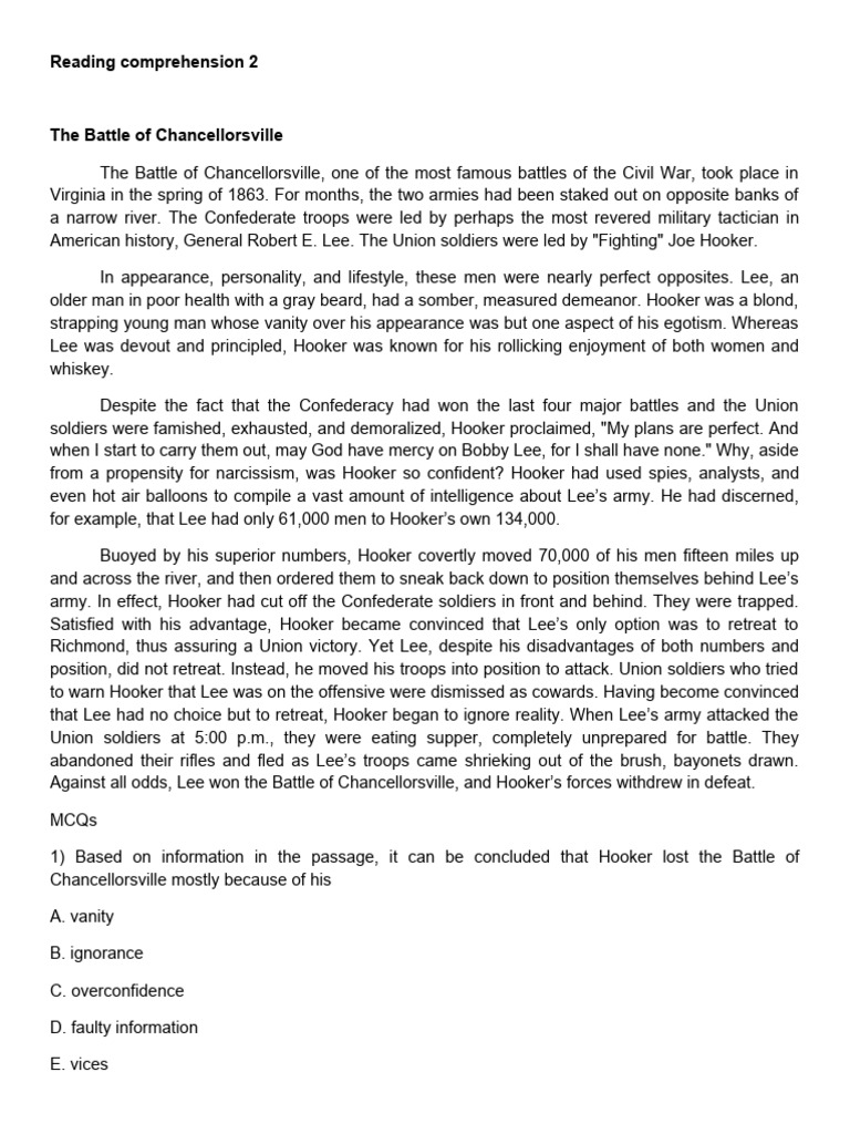 Reading Comprehension 2 | PDF | Battle Of Chancellorsville | Robert E. Lee