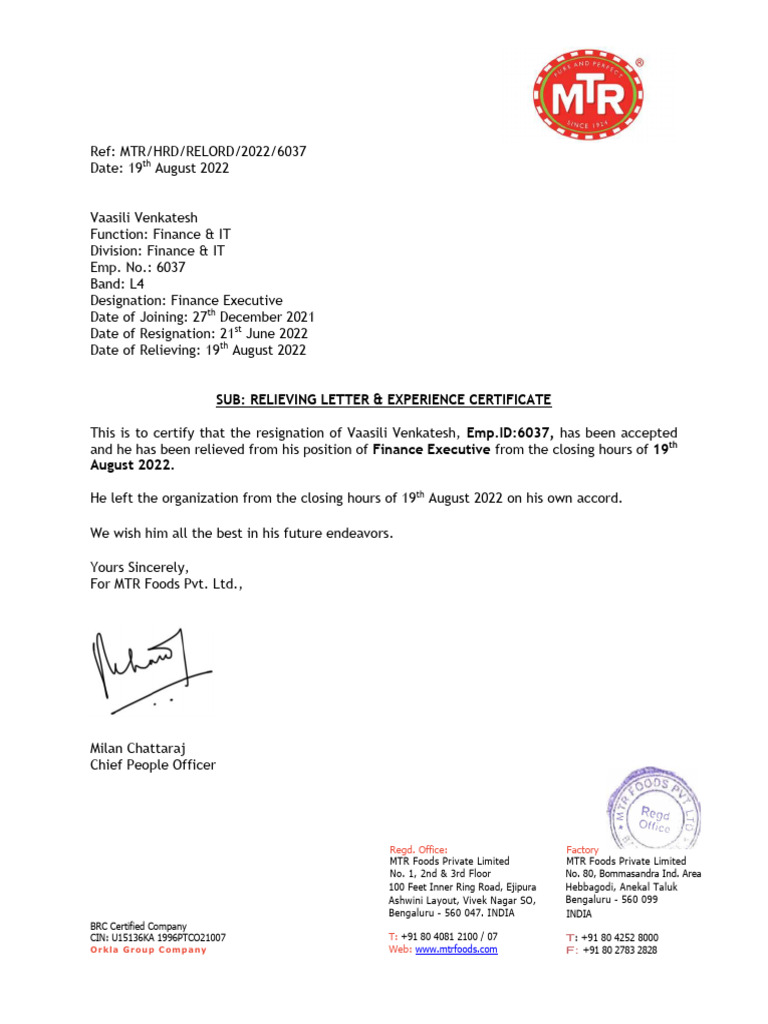 MTR Releiving Letter | PDF
