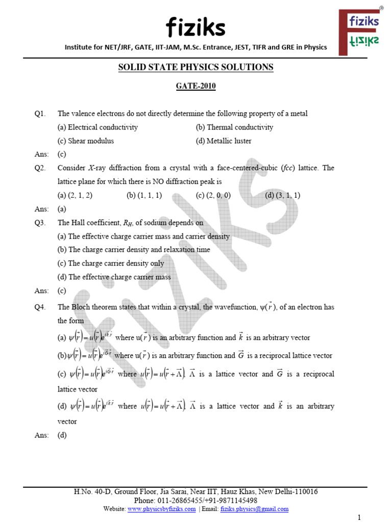 Solid State Physics Solutions for GATE | PDF | Band Gap | Electrical ...