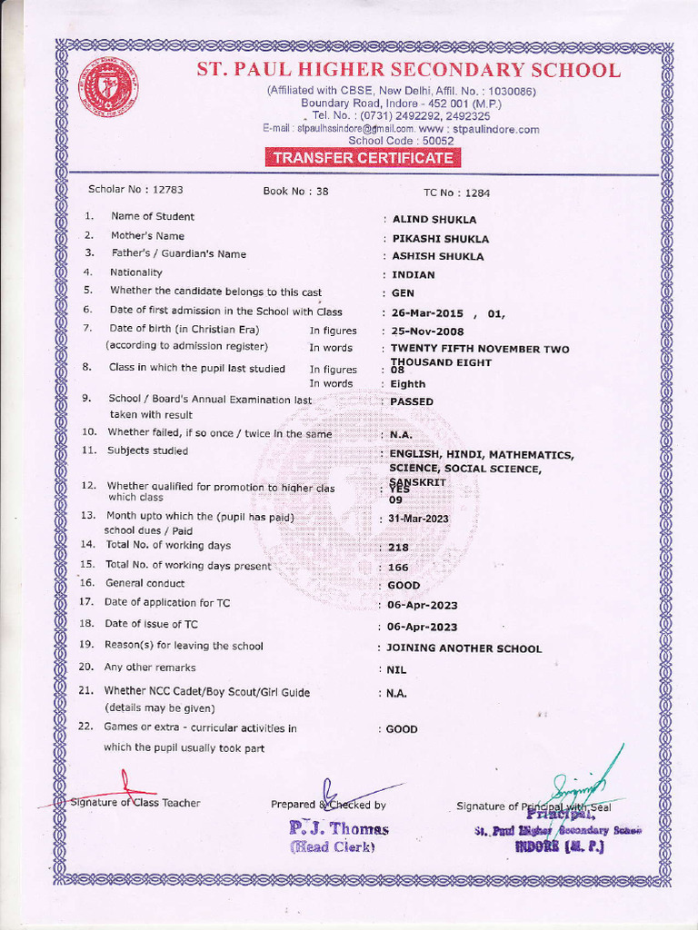 Student Transfer Certificate Details | PDF