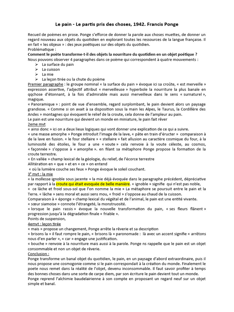 Le Pain Le Partis Pris Des Choses 11942 Francis Ponge | PDF