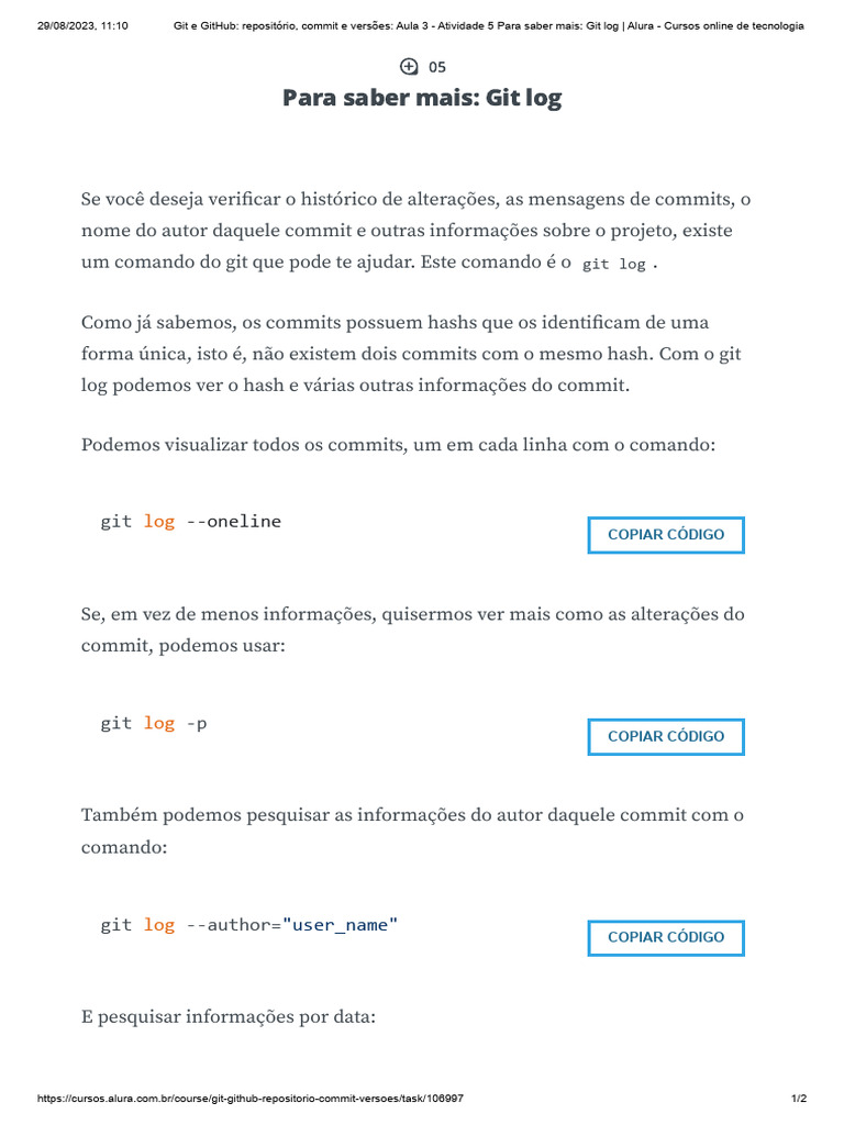Git e GitHub - Repositório, Commit e Versões - Aula 3 - Atividade 5 para Saber Mais - Git Log ...