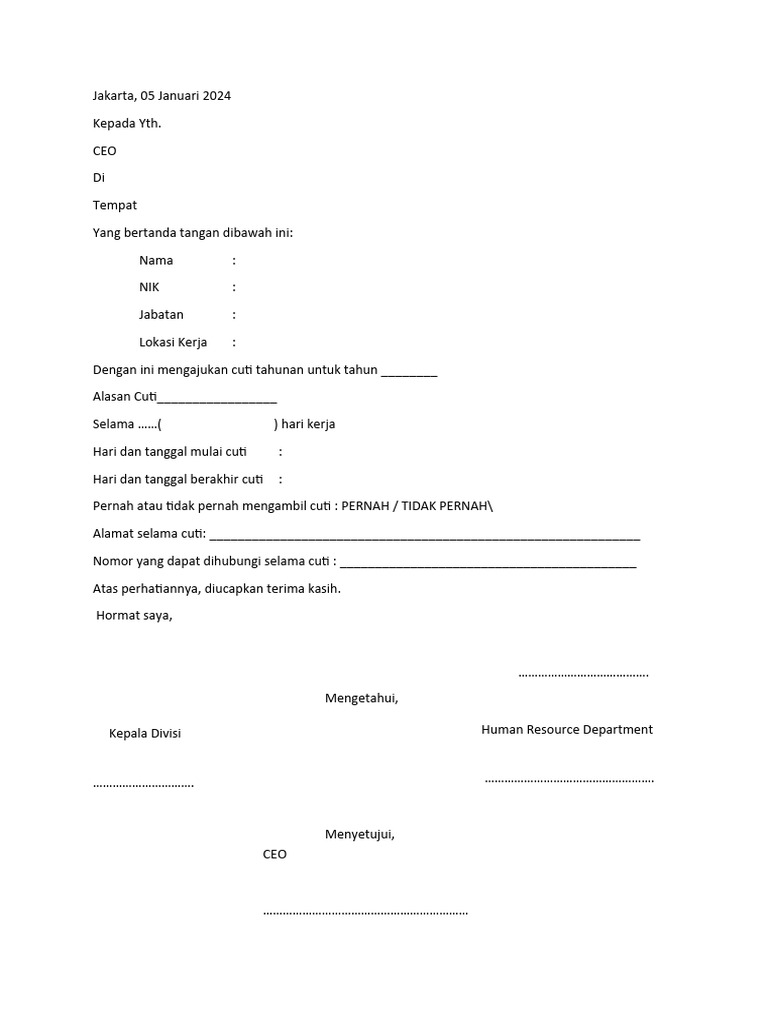 Contoh Form Pengajuan Cuti | PDF