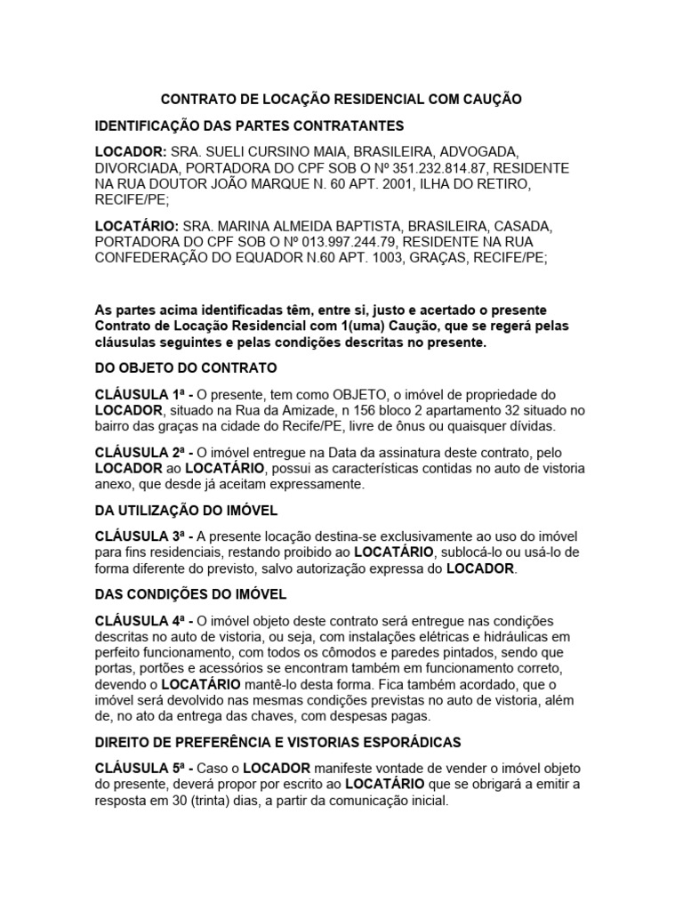 Modelo de Contrato de Locacao Residencial Com Caucao | PDF
