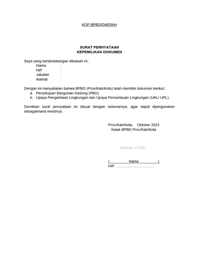 Surat Pernyataan Sudah Memiliki Amdal Dan Pbg Imb Pdf