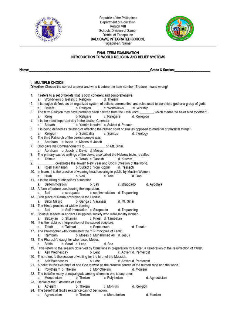 Religion Exam | PDF | Monotheism | Confirmation