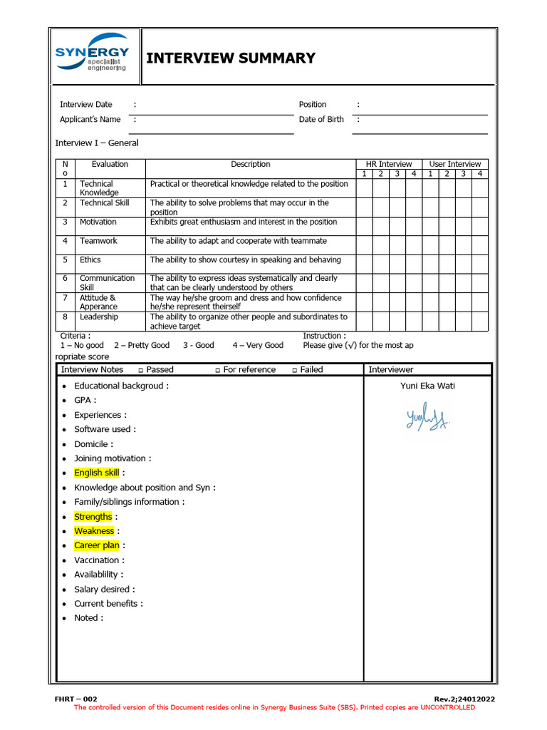 Interview Summary Form - SE | PDF