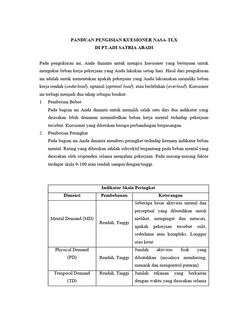 Panduan Kuesioner Beban Kerja | PDF