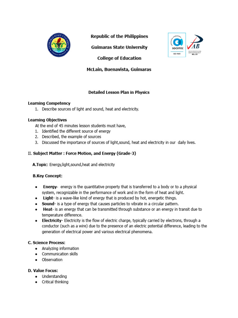 DELAPUERTA - Lesson Plan in Physics. | PDF | Light | Electricity