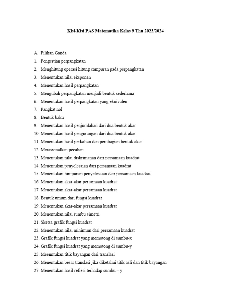 Kisi-Kisi PAS MTK Kelas 9 | PDF