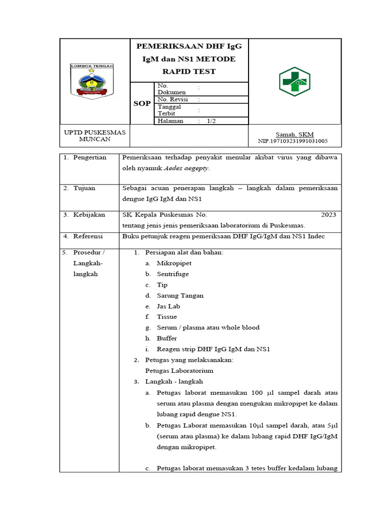 SOP Pemeriksaan DHF IGg IgM | PDF