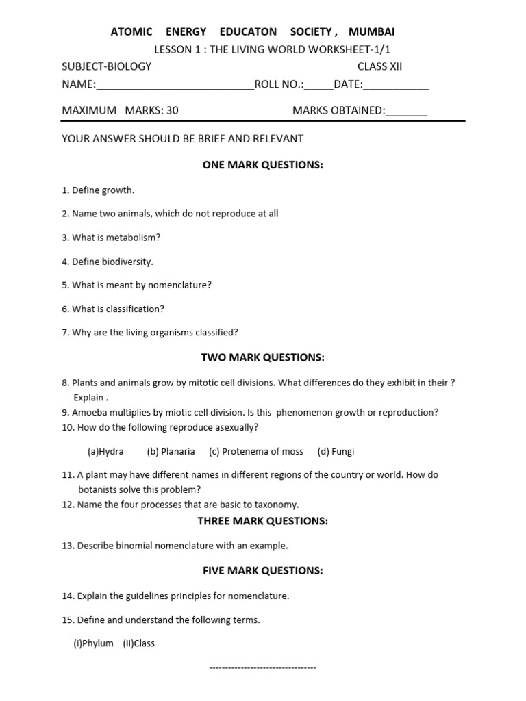Biology Worksheet: Living World Concepts | PDF | Science & Mathematics