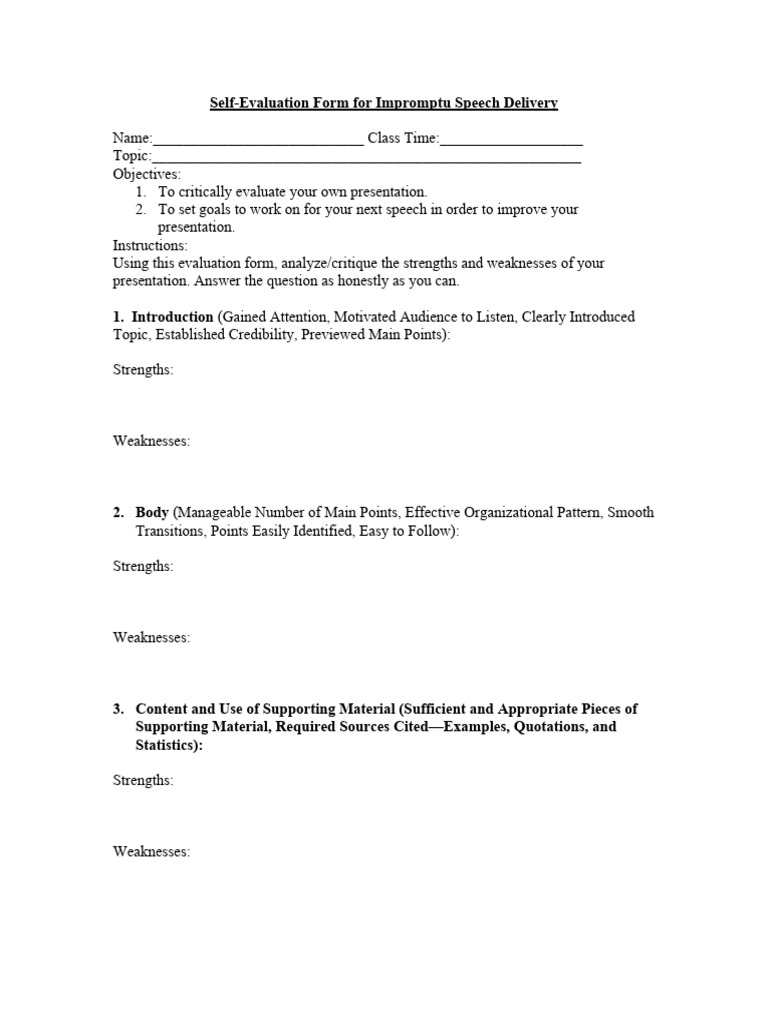Impromptu Speech Self Assessment | PDF