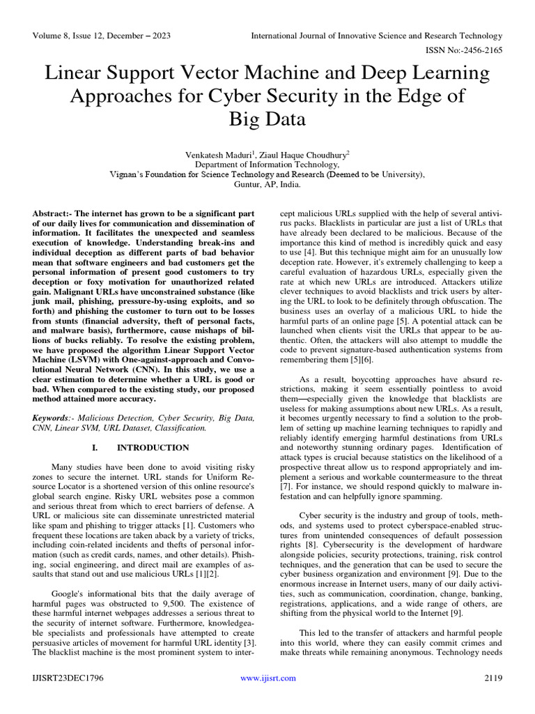 Linear Support Vector Machine and Deep Learning Approaches For Cyber Security in The Edge of Big ...