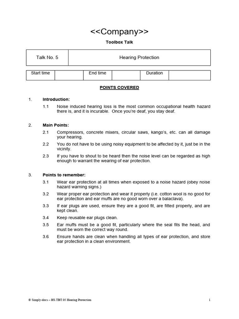 Toolbox Talk Hearing Protection HS - TBT.05 | PDF