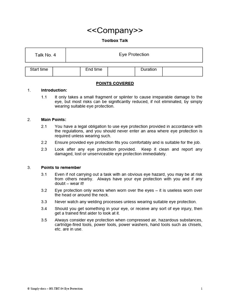 Eye Protection Toolbox Talk Overview | PDF | Workplace | Equipment