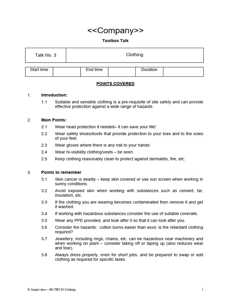 Toolbox Talk Protective Clothing - PPE HS - TBT.03 | PDF