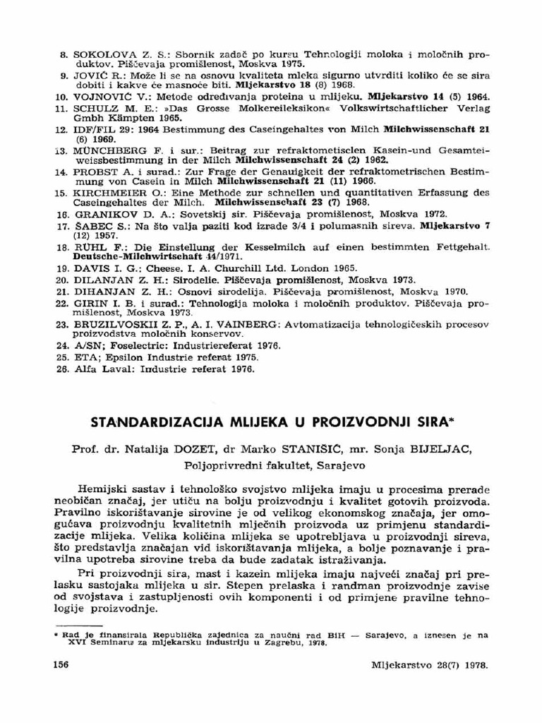 DOZET Standardizacija Mlijeka U Proizvodnji Sira | PDF