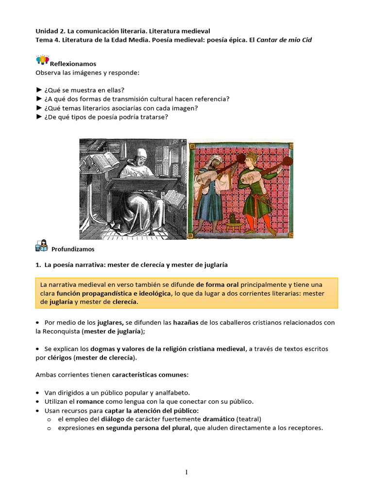 Tema 4 - Poesía Épica. Mester de Juglaría. El Cid | PDF