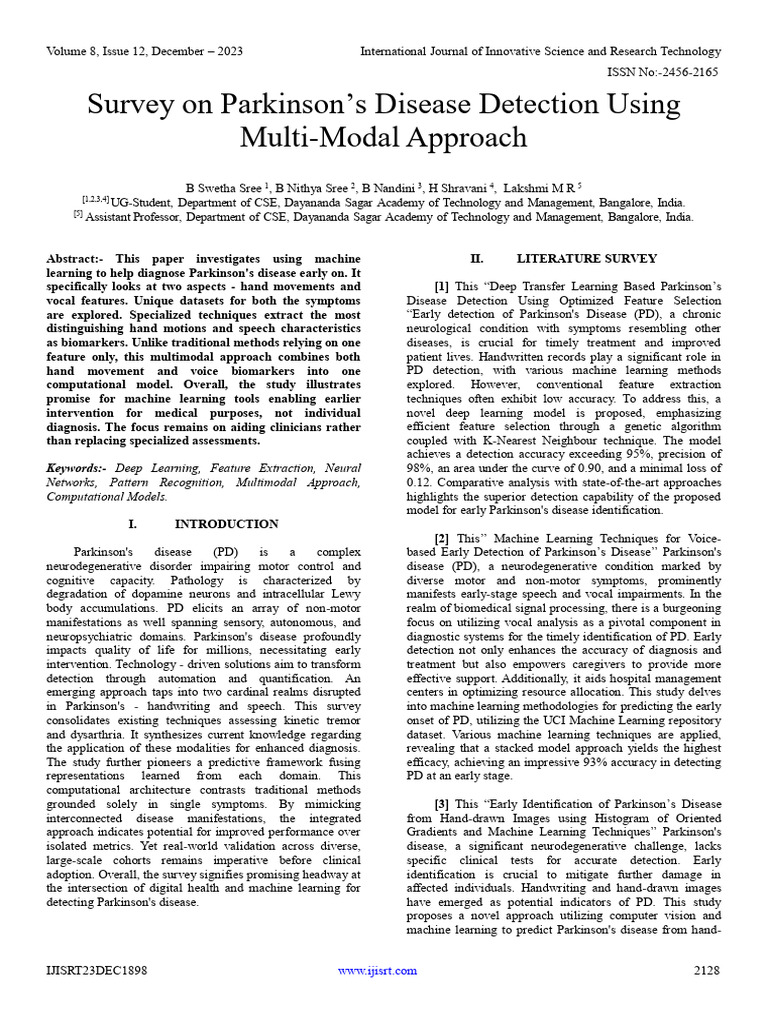 Survey on Parkinson’s Disease Detection Using Multi-Modal Approach ... Survey on Parkinson’s Disease Detection Using Multi-Modal Approach ...
