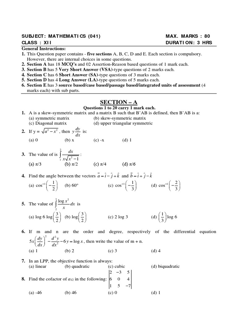 Class 12 Maths Sample Paper 2024 | PDF | Matrix (Mathematics ...