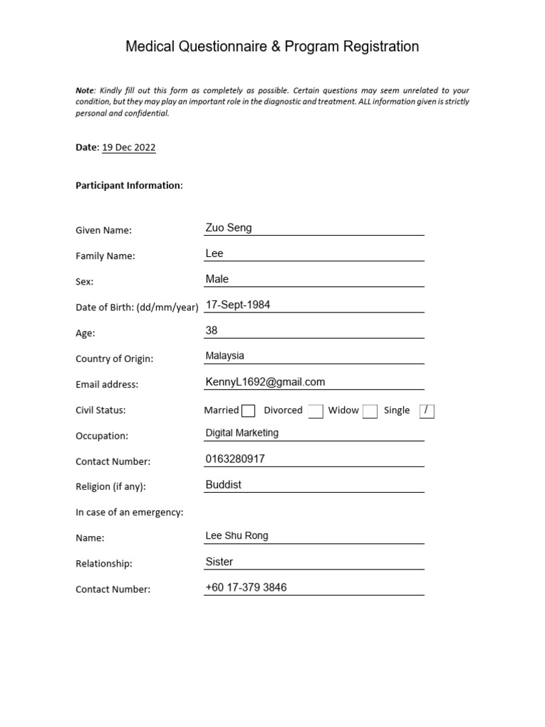 Medical Questionnaire & Program Registration | PDF | Substance Abuse ...