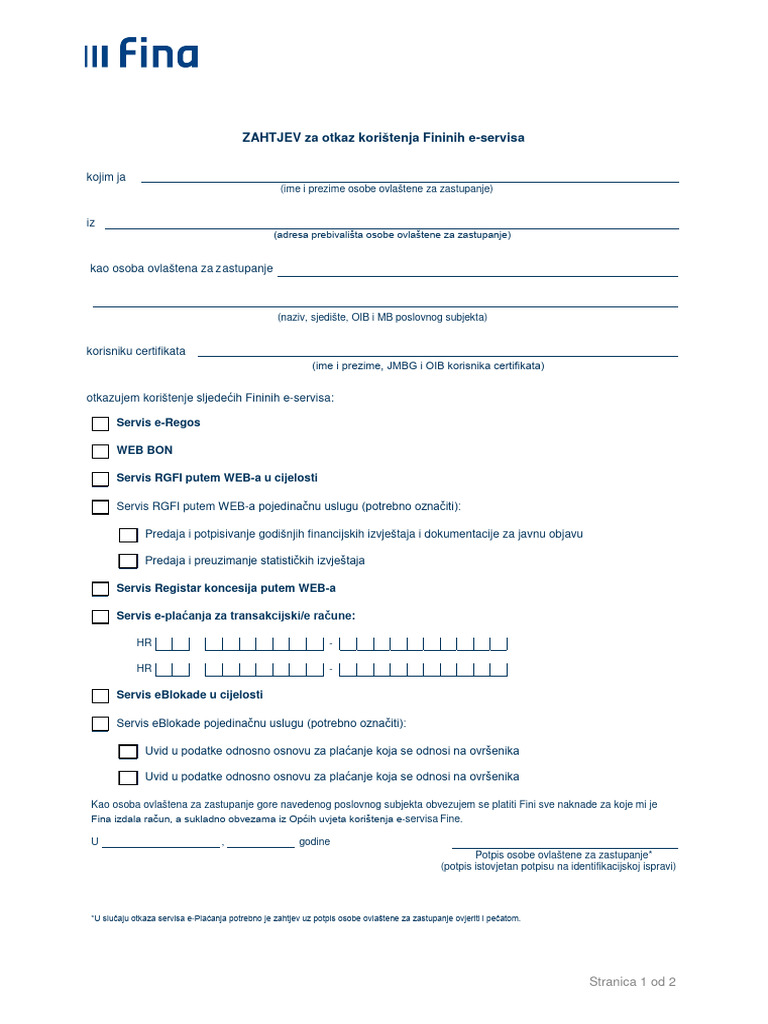 Zahtjev Za Otkaz Korištenja E-Servisa Fine | PDF