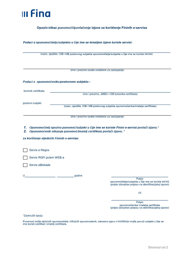 Zahtjev Za Otkaz Punomoći Povlačenje Izjave Za Korištenje E-Servisa ...