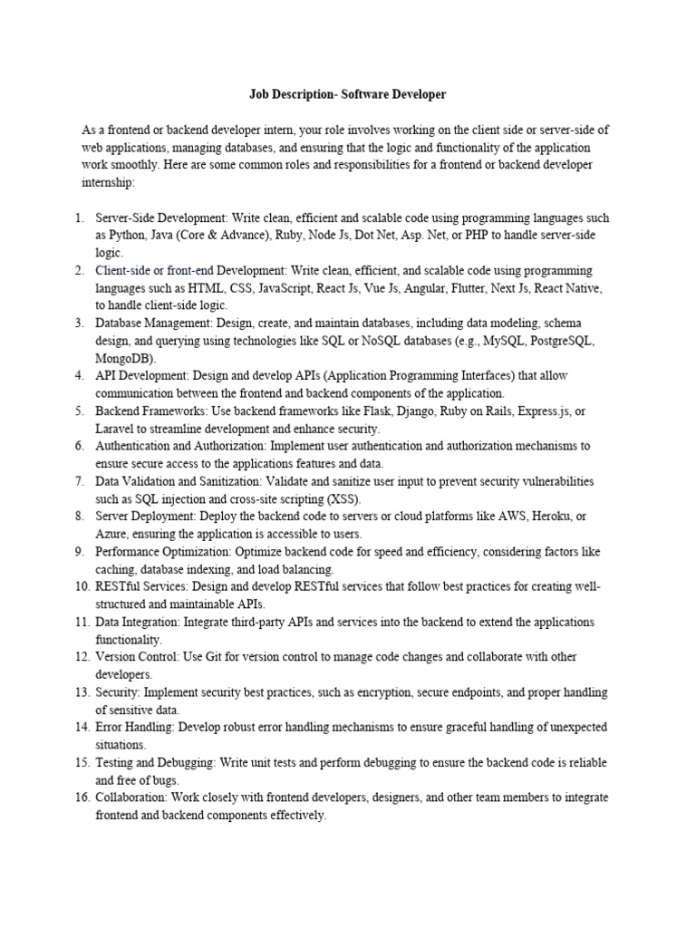 JD - Software Developer | PDF | Java Script | Databases