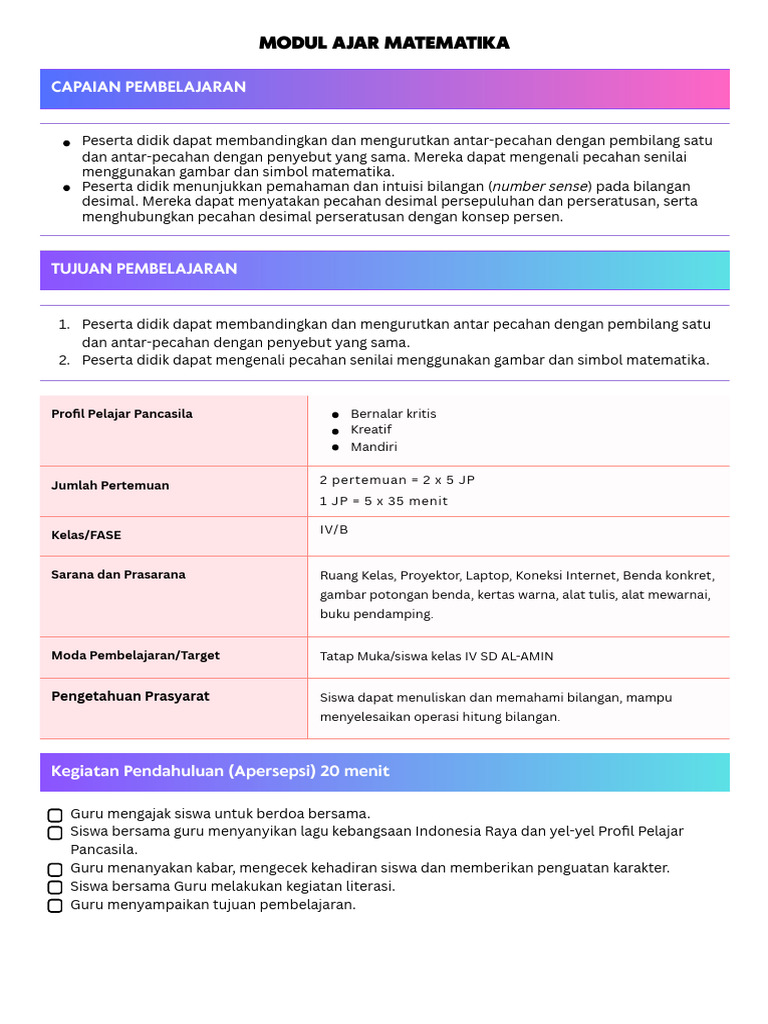 Modul Ajar MTK Kelas Iv SD Al-Amin | PDF | Karier & Perkembangan