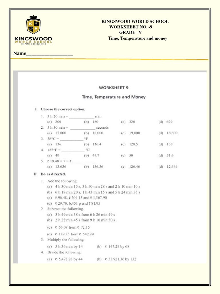 Grade 5 Worksheet 9 (Time, Temperature and Money) | PDF