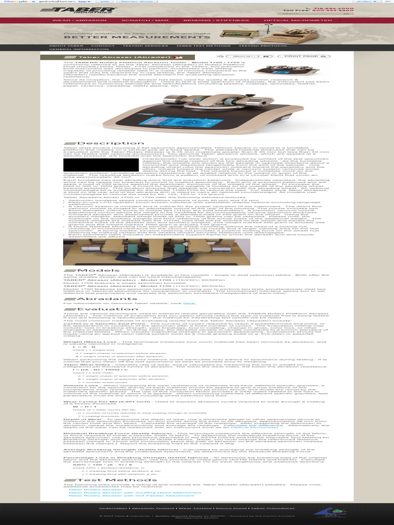 Taber Abraser - (Wear & Abrasion) - Taber Industries | PDF