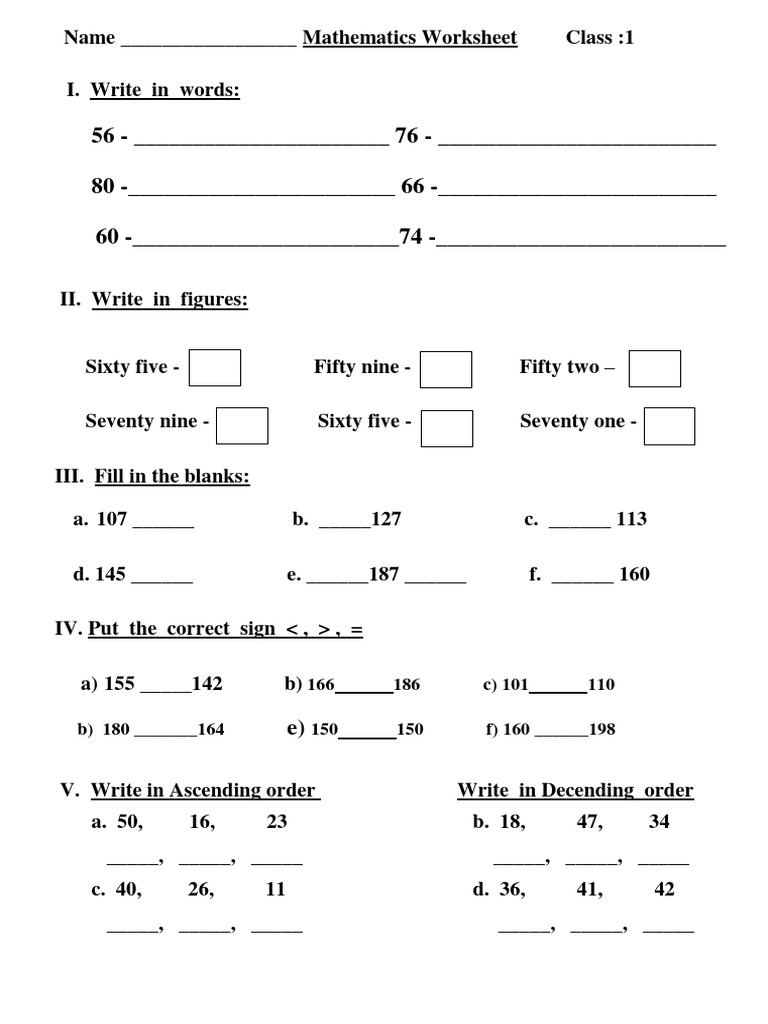 Grade 1 Mathematics Worksheet | PDF