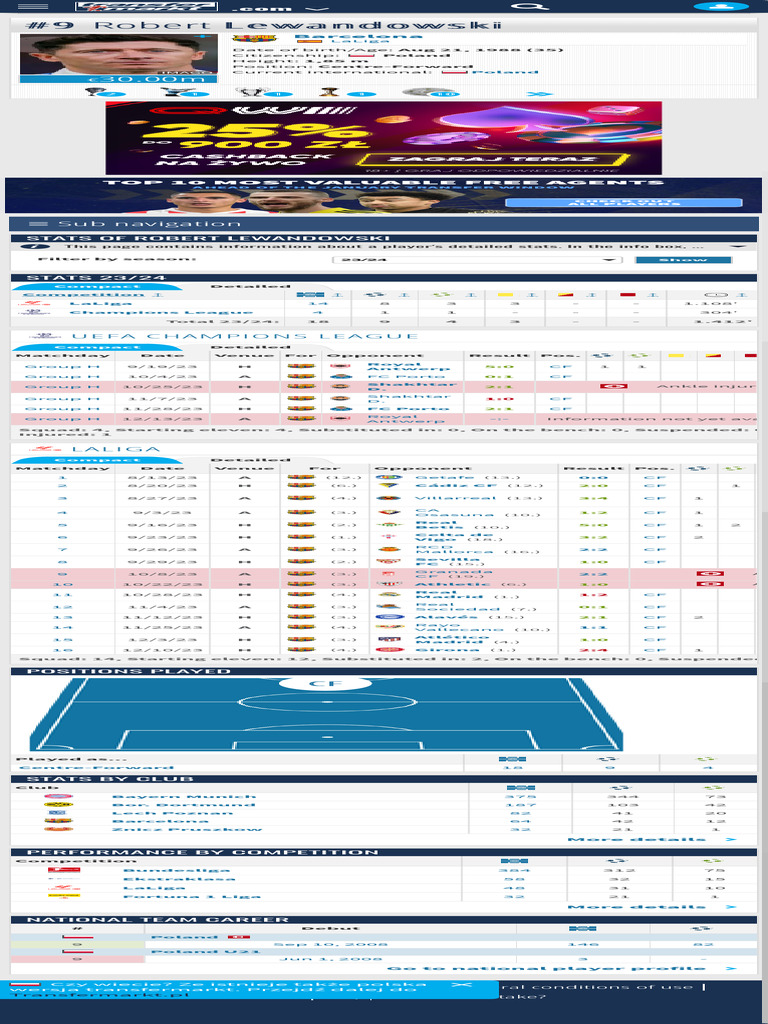 Robert Lewandowski - Stats 2324 Transfermarkt | PDF | Sports Teams ...