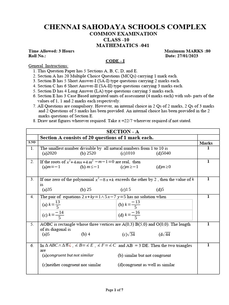 STD.X Maths Standard QP Code 1 | PDF