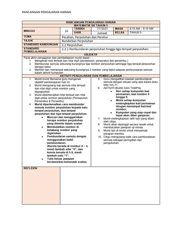 RPH Minggu 11 Matematik THN 5 by Cikgu Gorgeous | PDF