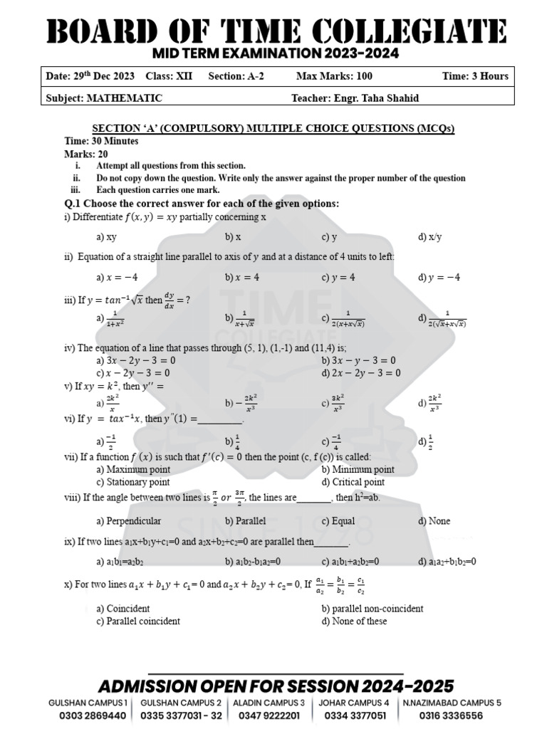 Xii-A2 Mid Term (Sir Taha Shahid) | PDF