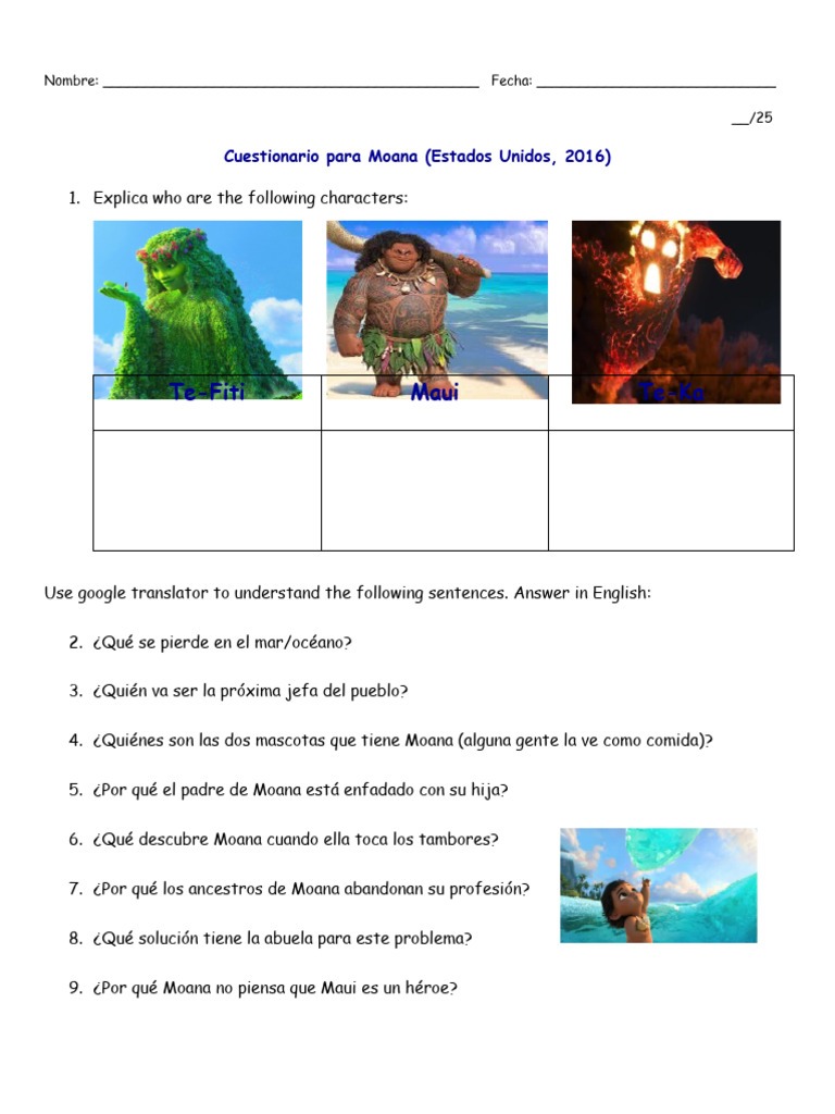 Moana Worksheet | PDF | Moana (película de 2016)